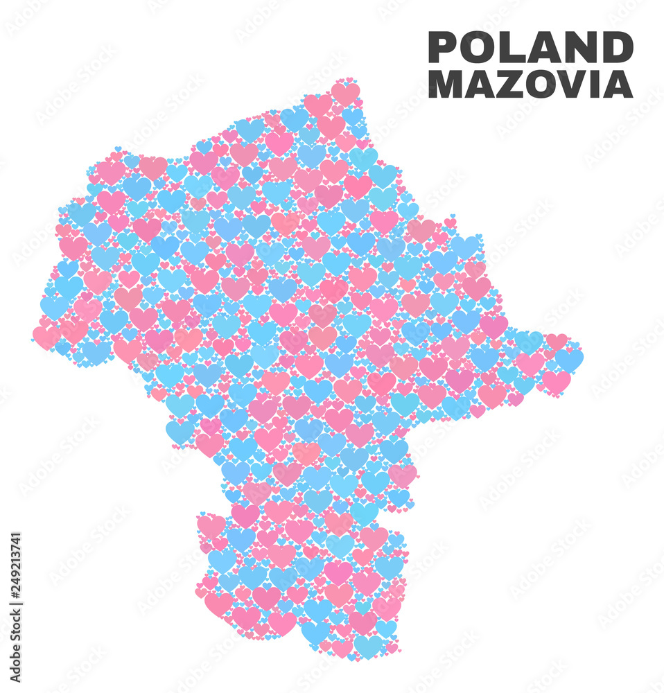Mosaic Mazovia Province map of love hearts in pink and blue colors ...