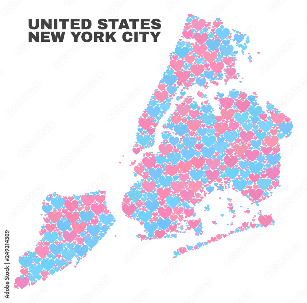 Mosaic New York City map of lovely hearts in pink and blue colors ...