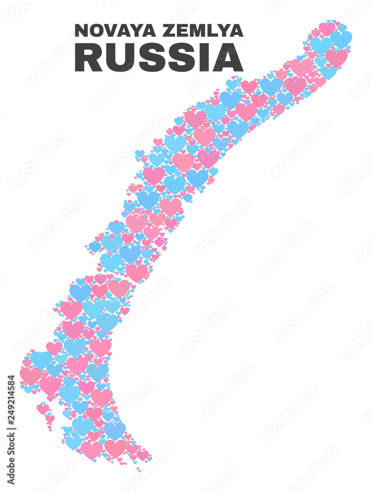 Mosaic Novaya Zemlya Islands map of lovely hearts in pink and blue ...