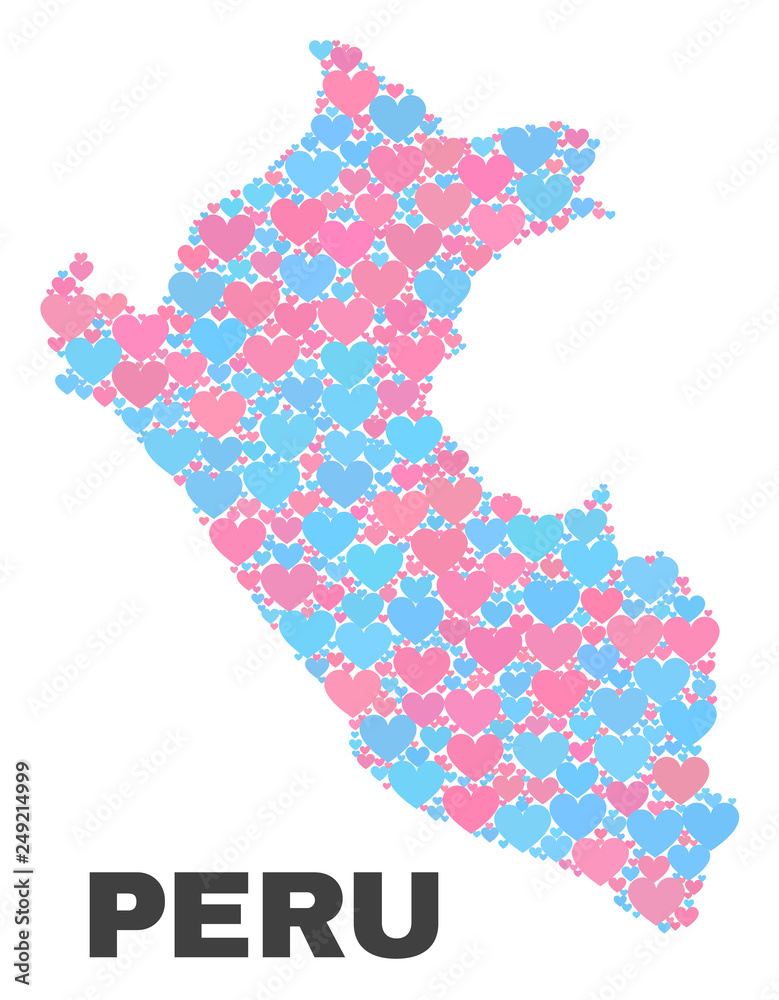 Fototapeta mapa świata dla dzieci Mosaic Peru map of lovely hearts in ...