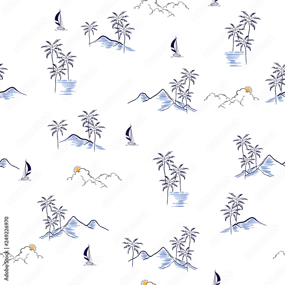 Hand drawn summer island tropical seamless pattern vector regular ...