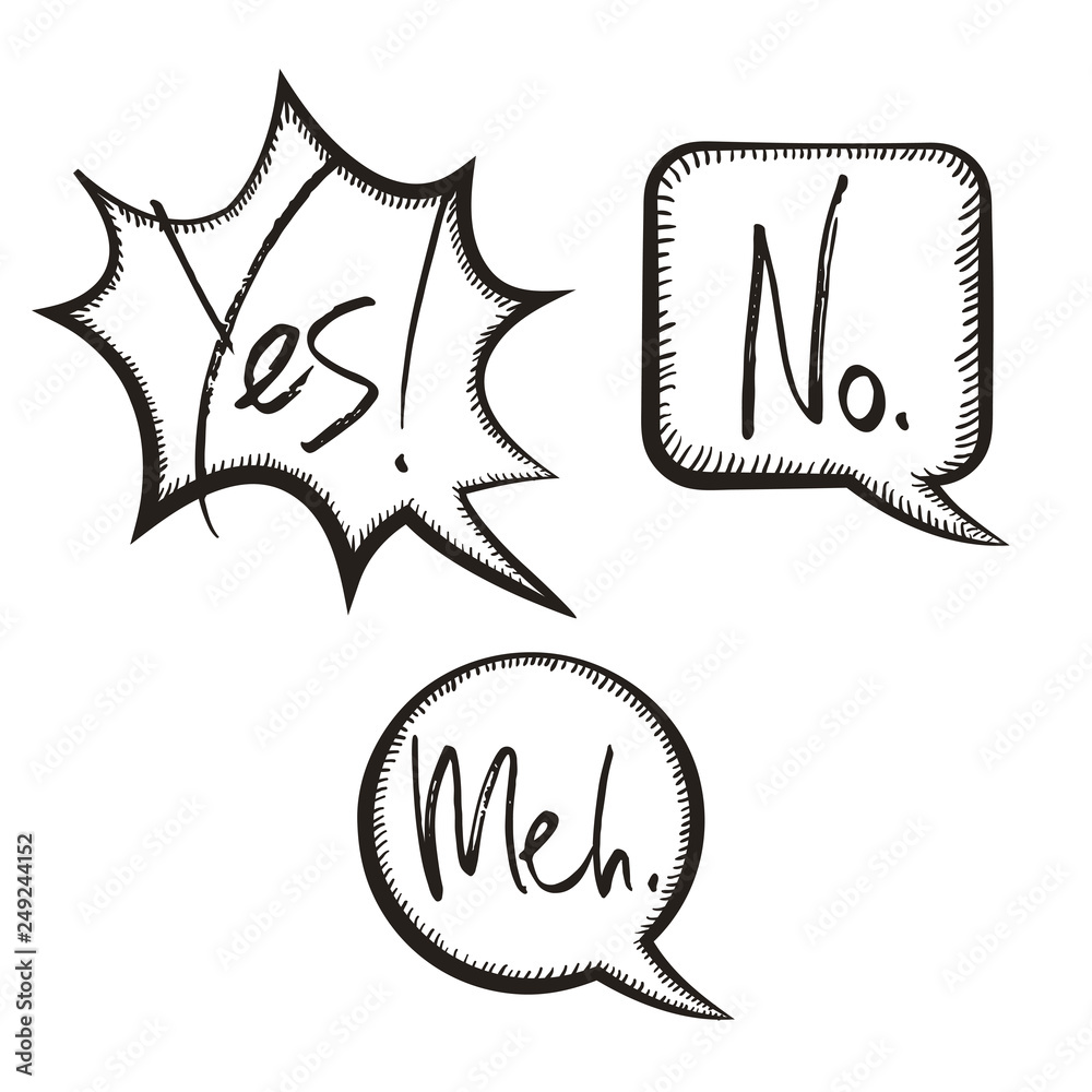 Yes No and Meh text in comic style hand drawn speech bubbles, vector ...
