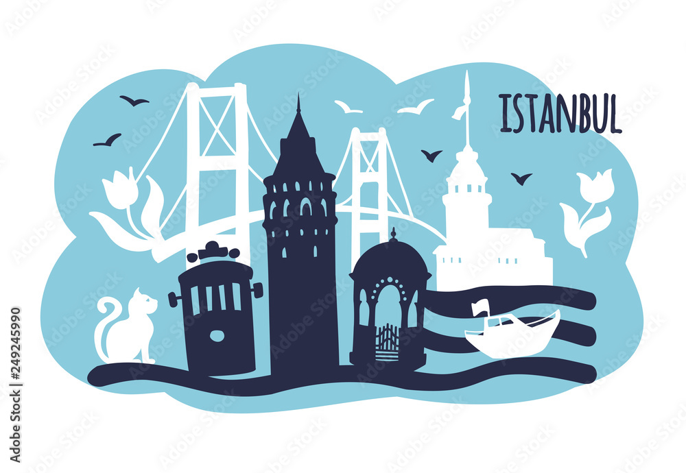 Vector illustration Istanbul with famous turkish landmarks and cute ...