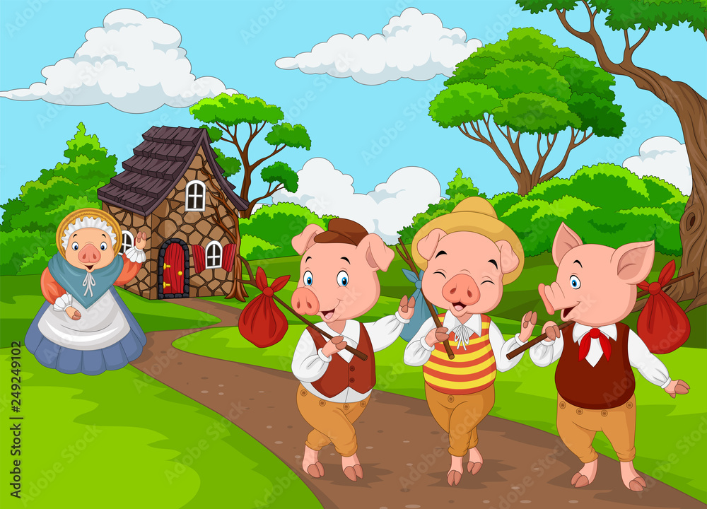 Cartoon mother pig with three little pigs Stock Vector | Adobe Stock