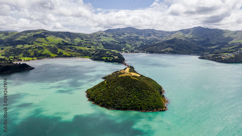 akaroa bay from above shot with a drone during the day, aerial New ...