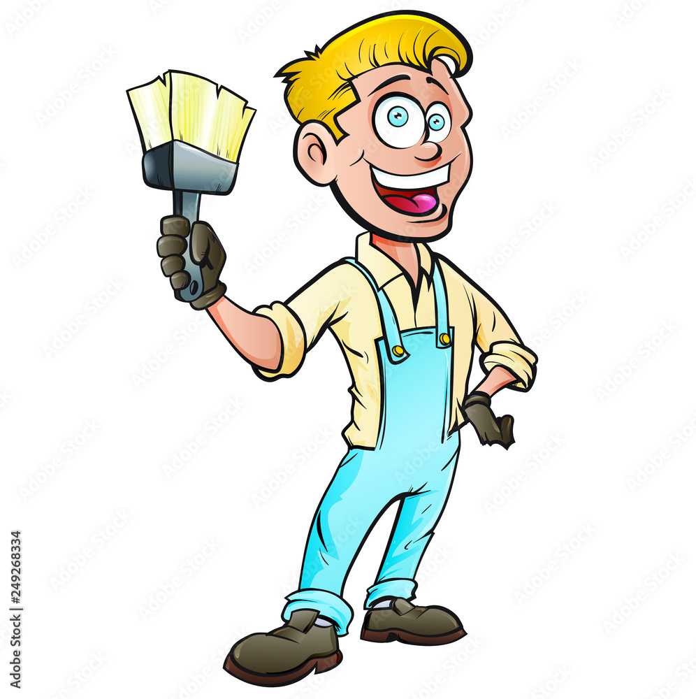 Cartoon happy painter holding up his brush Stock Vector | Adobe Stock