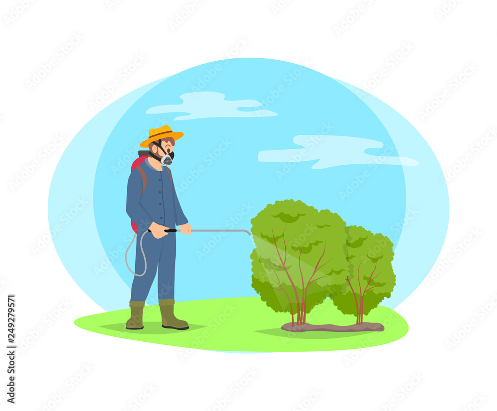 Farmer spray chemicals on shrubs vector cartoon icon. Man in protective ...