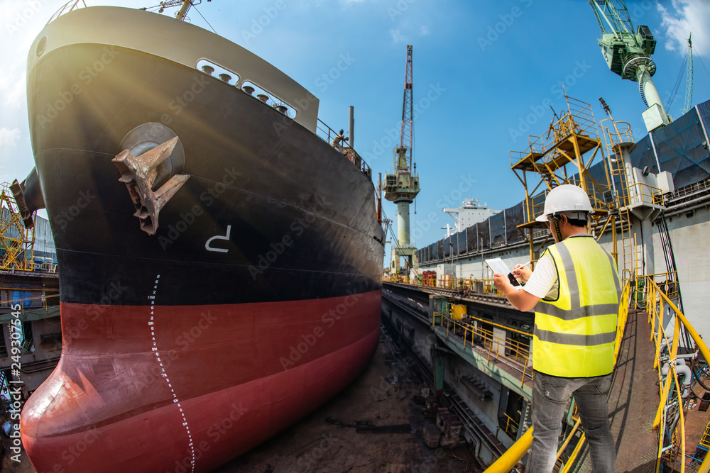 Stevedore, port controller, Port Master, surveyor inspect the bulk head ...