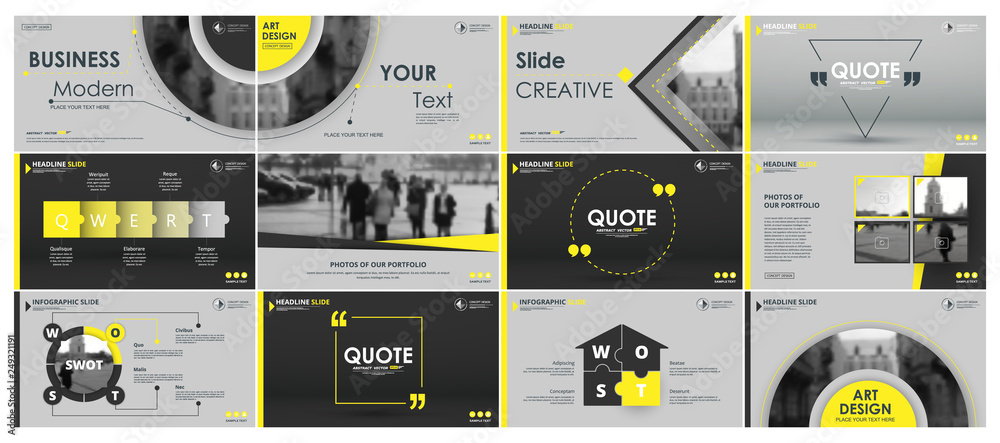 Abstract white, yellow, slides. Brochure cover design. Fancy info ...