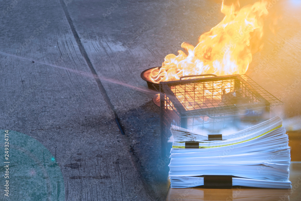 Double exposure, Stacks of paper files, Man teaches how to use fire ...