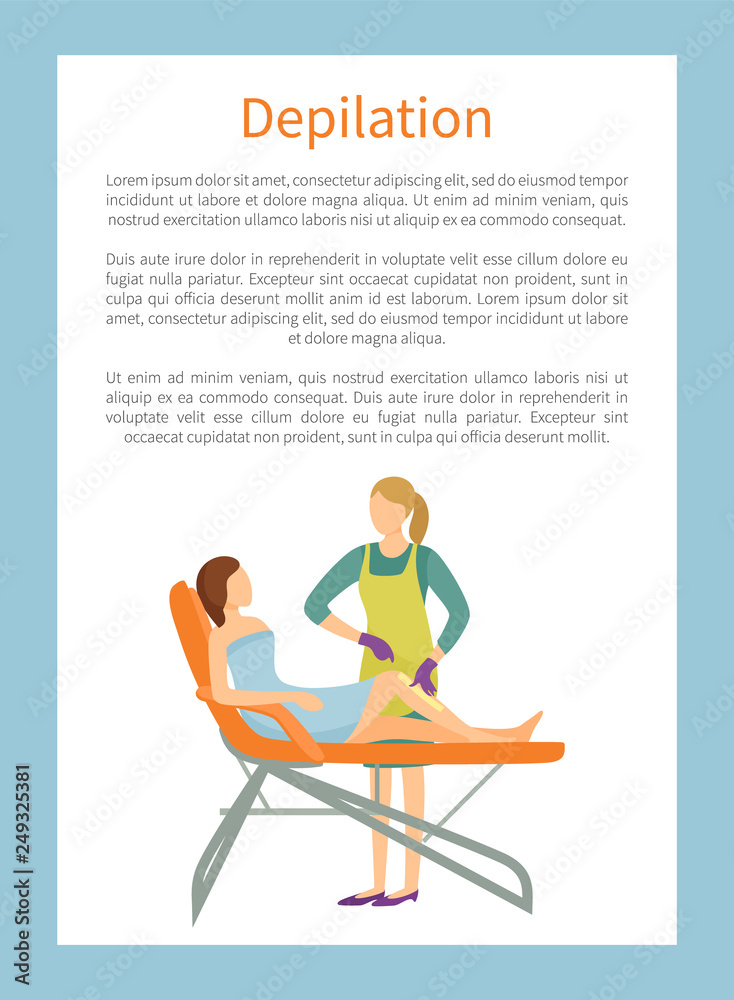Depilation poster woman lying on chair and cosmetician making wax or ...