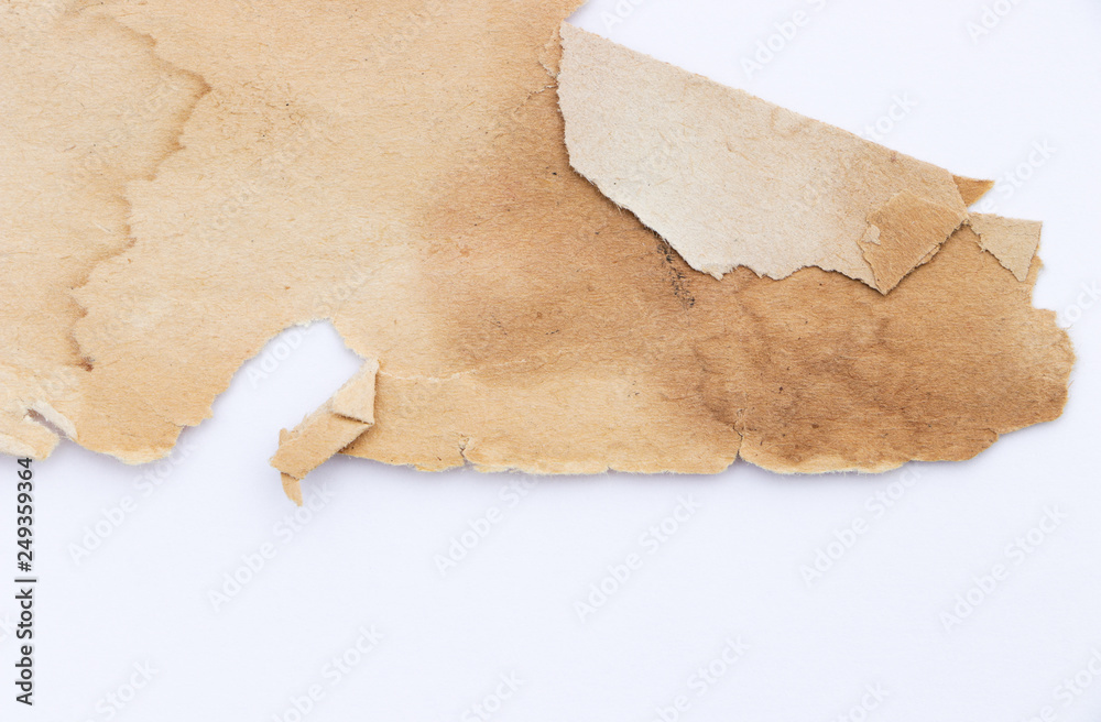 Yellowed and torn old piece of parchment on white paper. The texture of ...