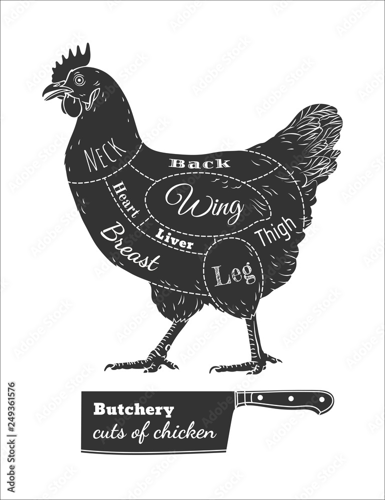 Chicken hen fresh, roster isolated vector logo, black back. For shop ...