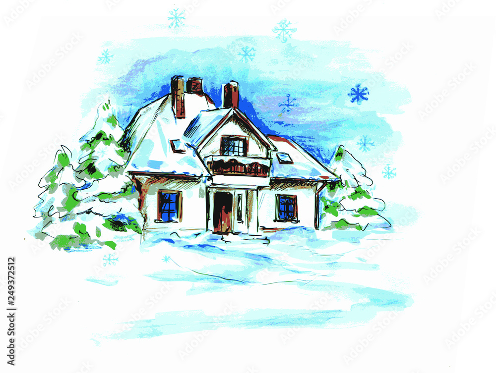 Zimowy domek rysunek Stock-Vektorgrafik | Adobe Stock