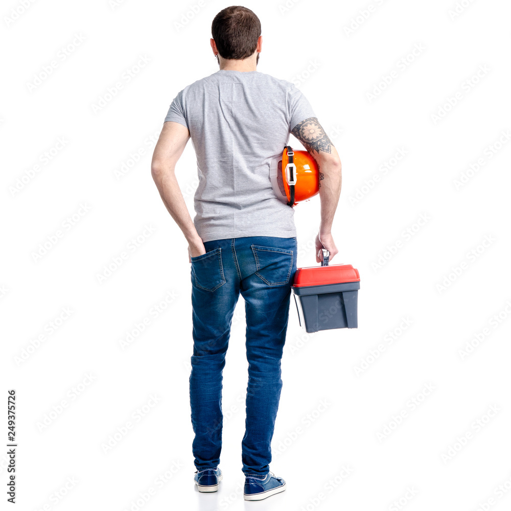Man with building tools box and helmet in hand on white background ...