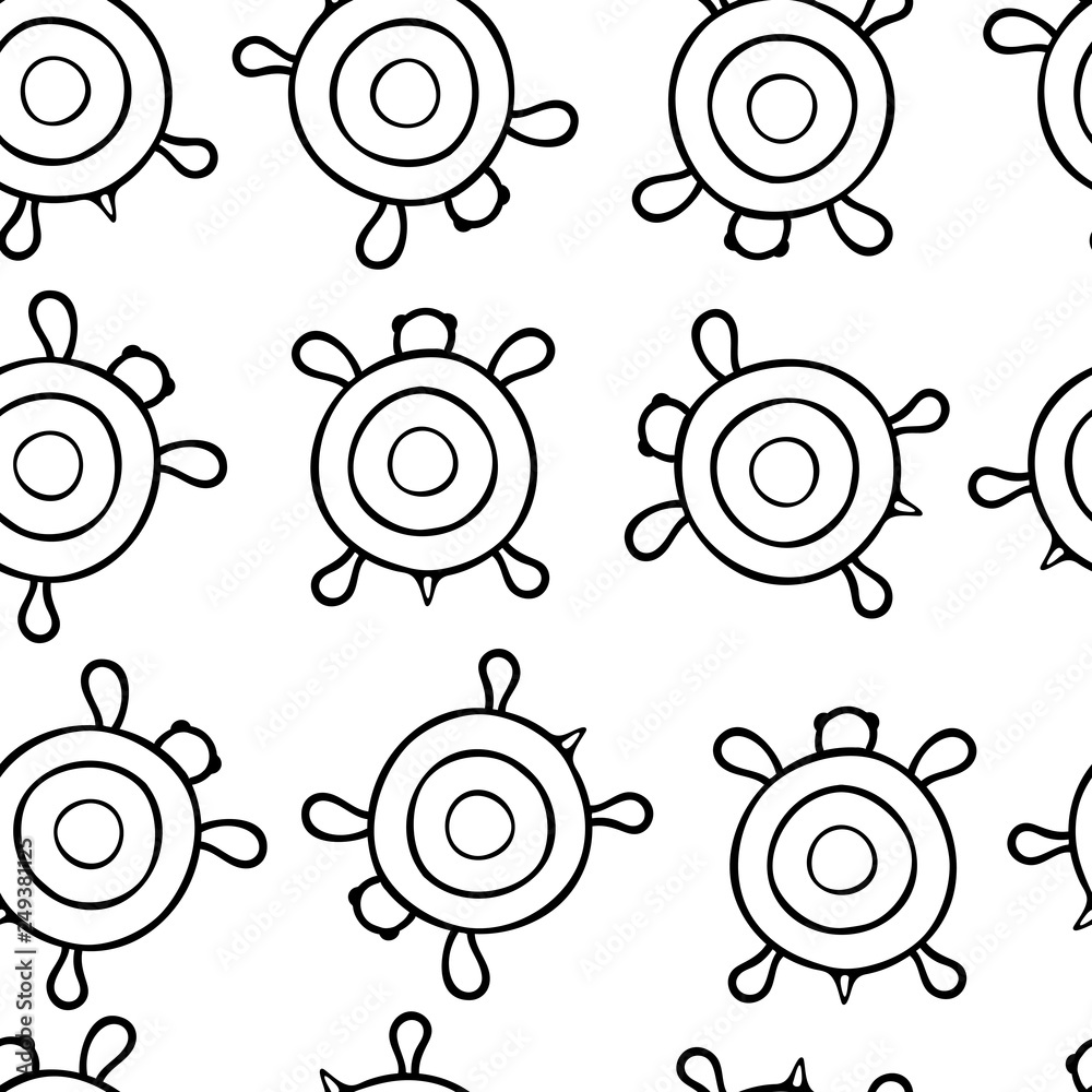 Seamless vector pattern. Cute turtles black outline on transparent ...