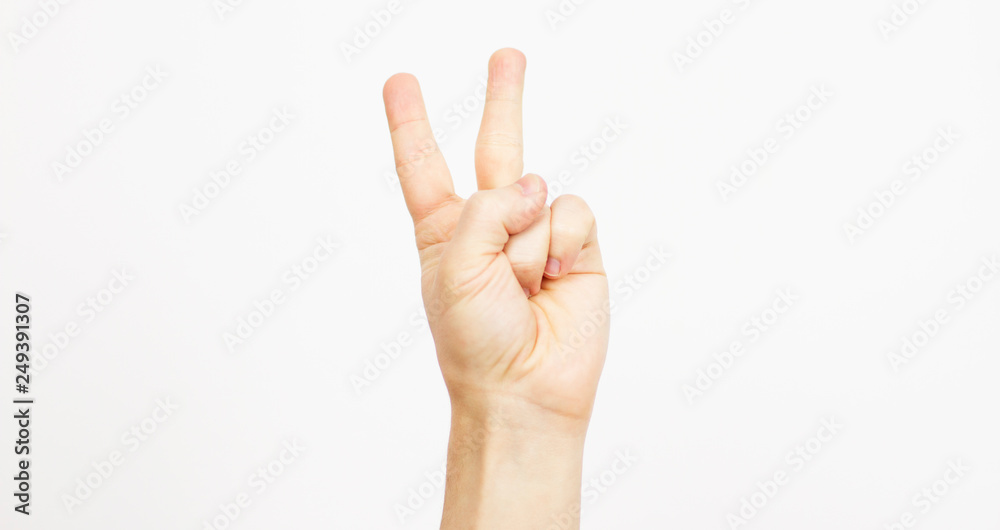man hand victory sign gesture isolated on white background - child hand ...