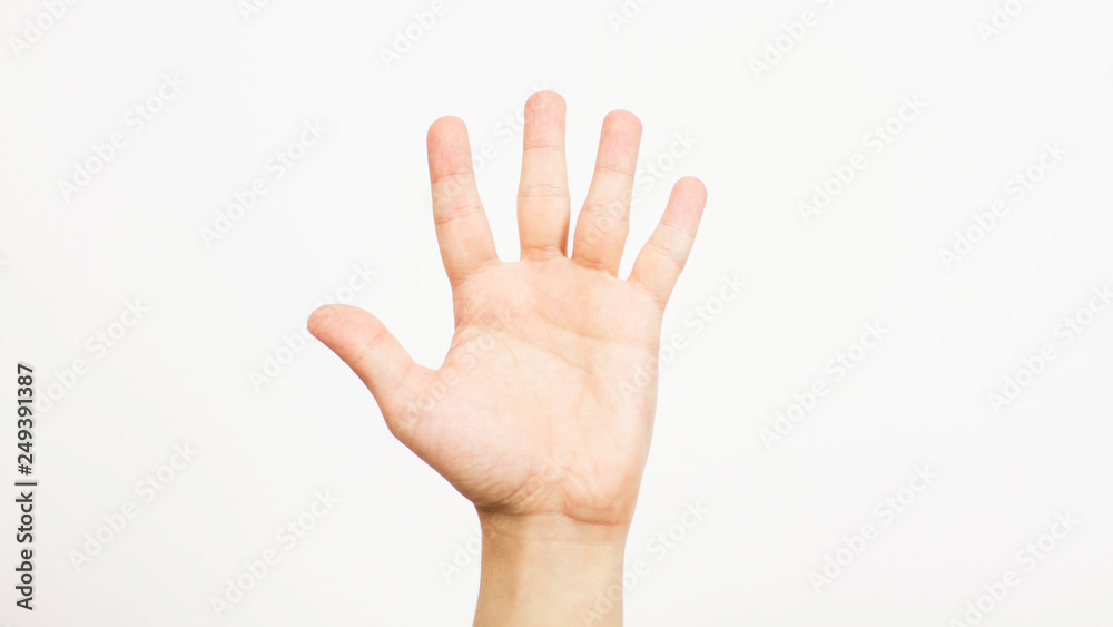 Man hand showing five fingers on white background. Human arm - five ...