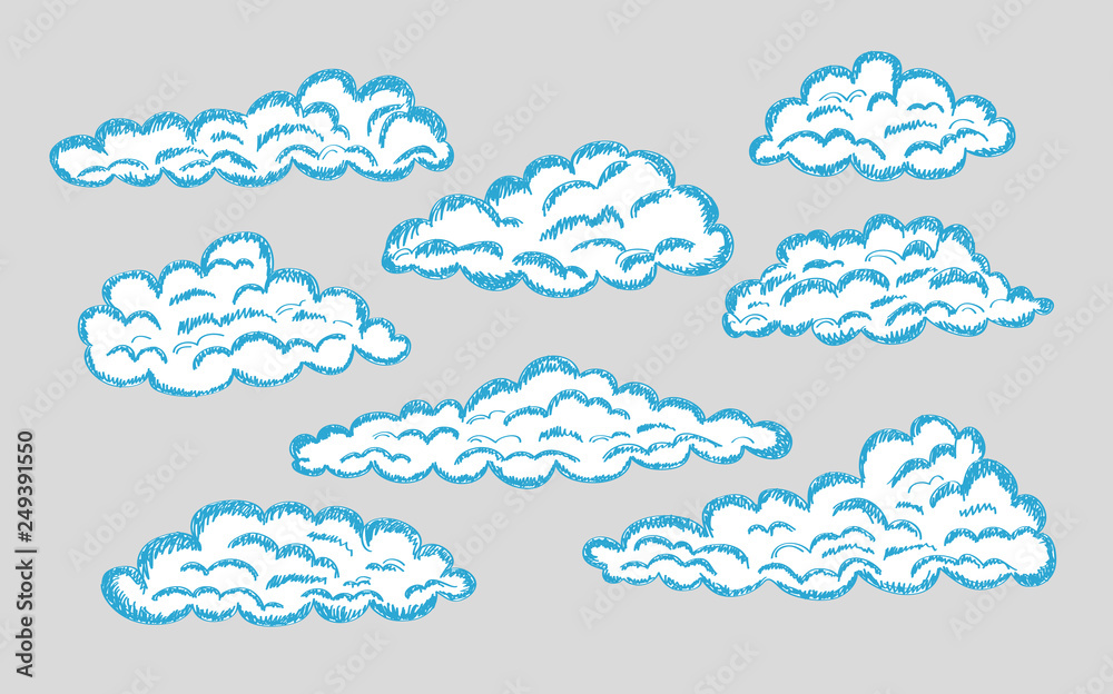 Hand drawn clouds. Pencil sketch sky cloudscape. Outline sketching ...