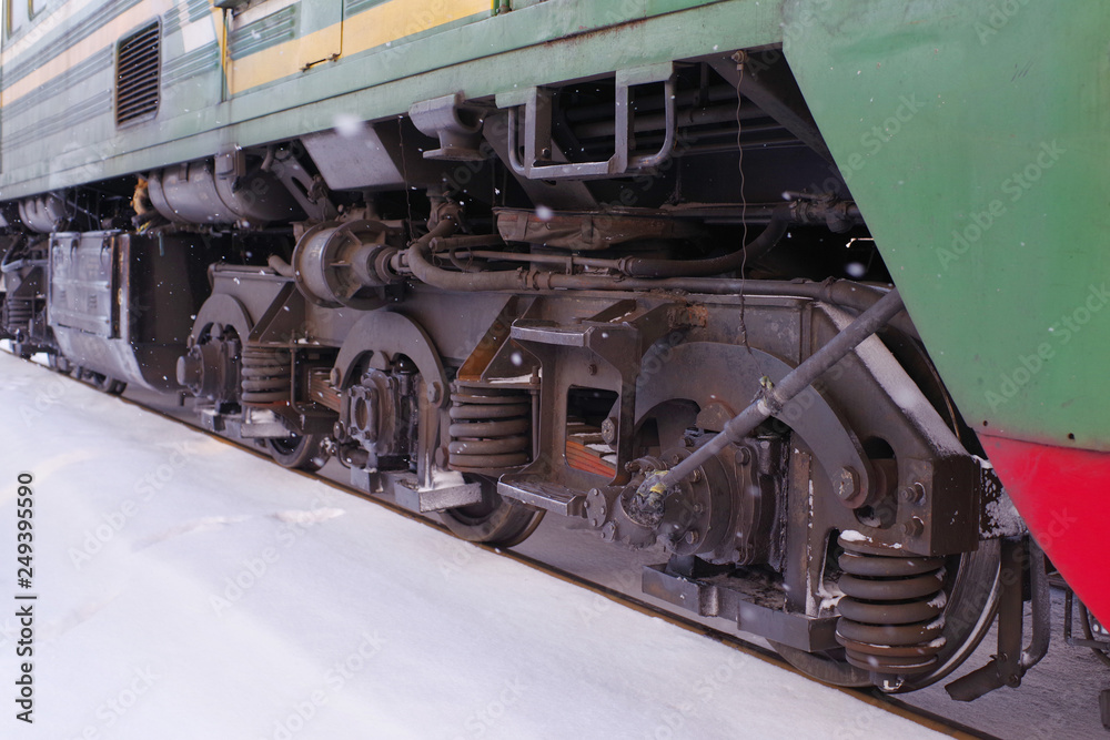 Details of the wheel train in the winter, wheels of the locomotive ...
