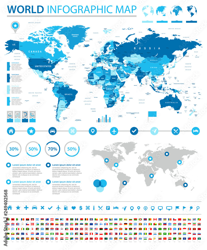 World Map and Flags - borders, countries and cities - infographic ...