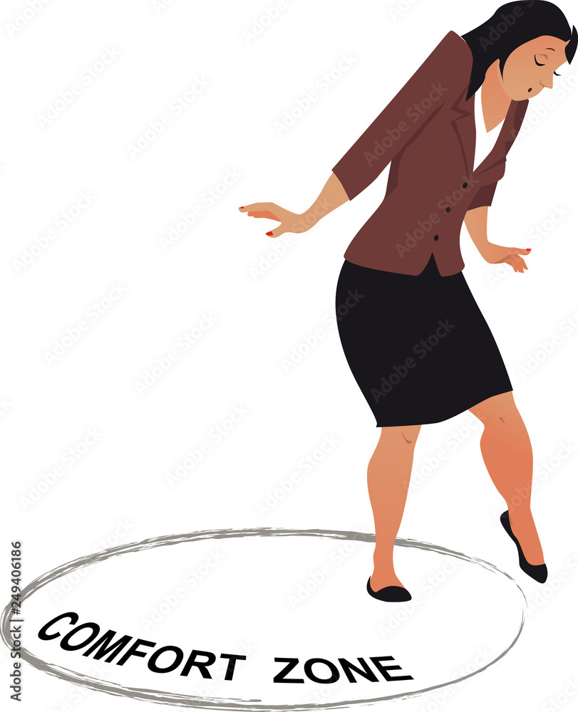 Woman carefully stepping out of a comfort zone, EPS 8 vector ...