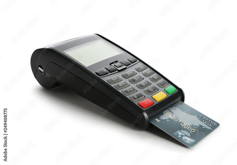 Modern payment terminal with credit card on white background. Space for ...