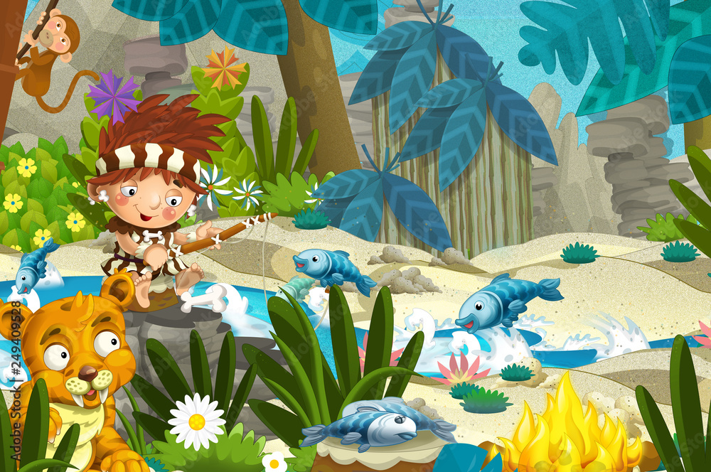 Cartoon scene with prehistoric fishermen near the river fishing and ...
