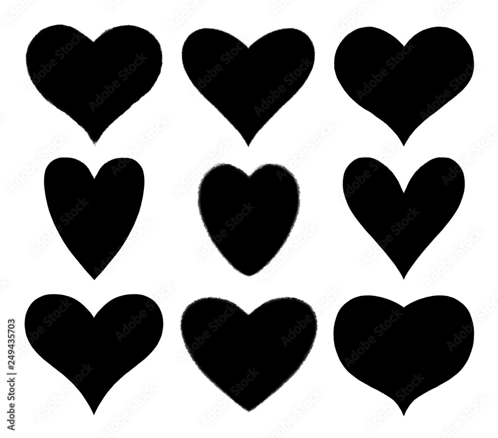 Set of nine hand drawn illustrations of the heart with soft, uneven ...