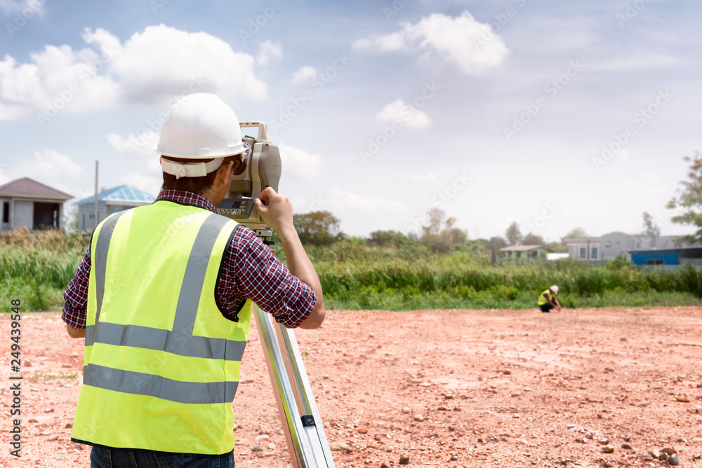 Surveyor equipment. Surveyor’s telescope at construction site or ...