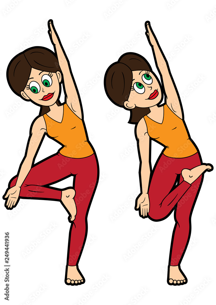 Yoga asana set tree pose side bend/ Illustration cartoon girl bending ...