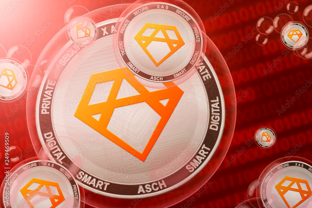 Asch crash; Asch (XAS) coins in a bubbles on the binary code background ...