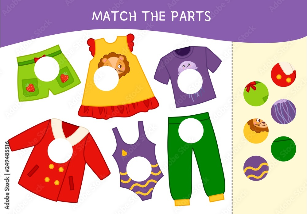 Matching children educational game. Match parts of cartoon clothes ...