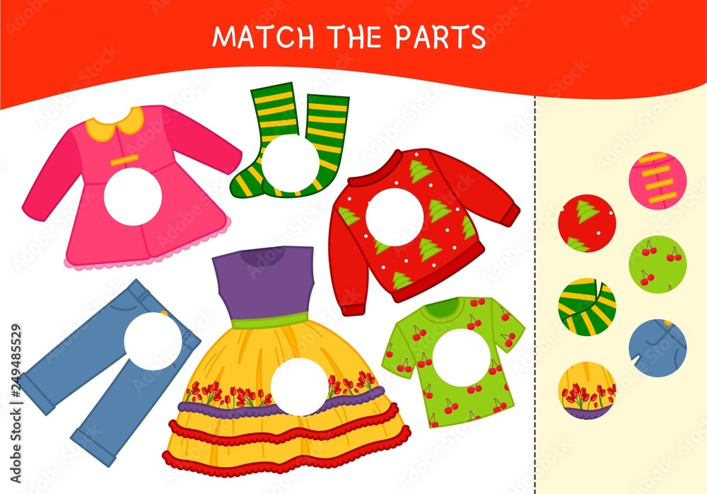 Matching children educational game. Match parts of cartoon clothes ...