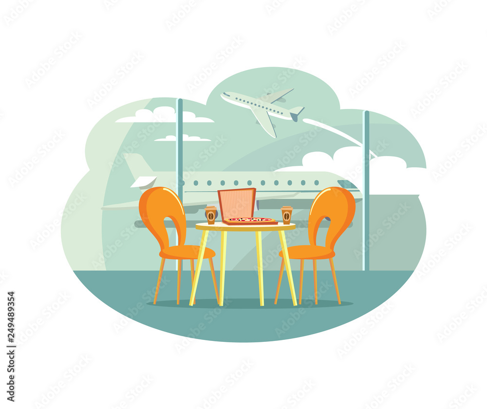 Cafe table at airport with pizza in box and coffee vector. Dining ...