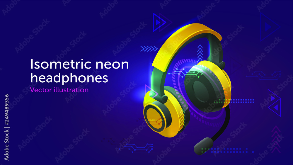 Isometric vector neon Headset 3d Headphones with microphone illuminated ...