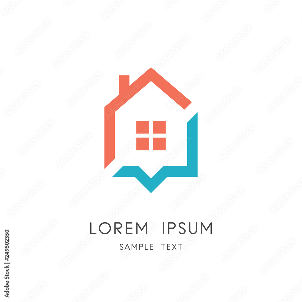 Home address logo - house with window and chimney and place pointer ...