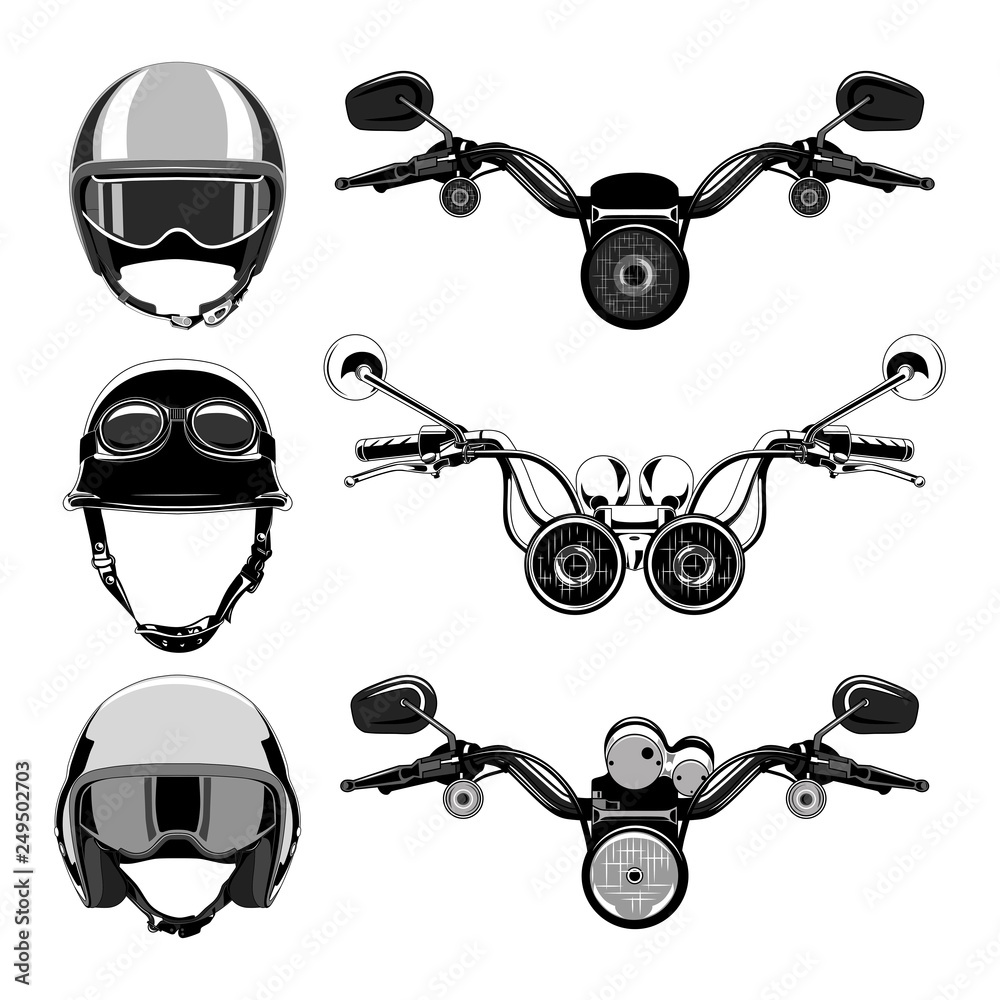 Set of vector images of motorcycle handlebars and motorcycle helmets ...