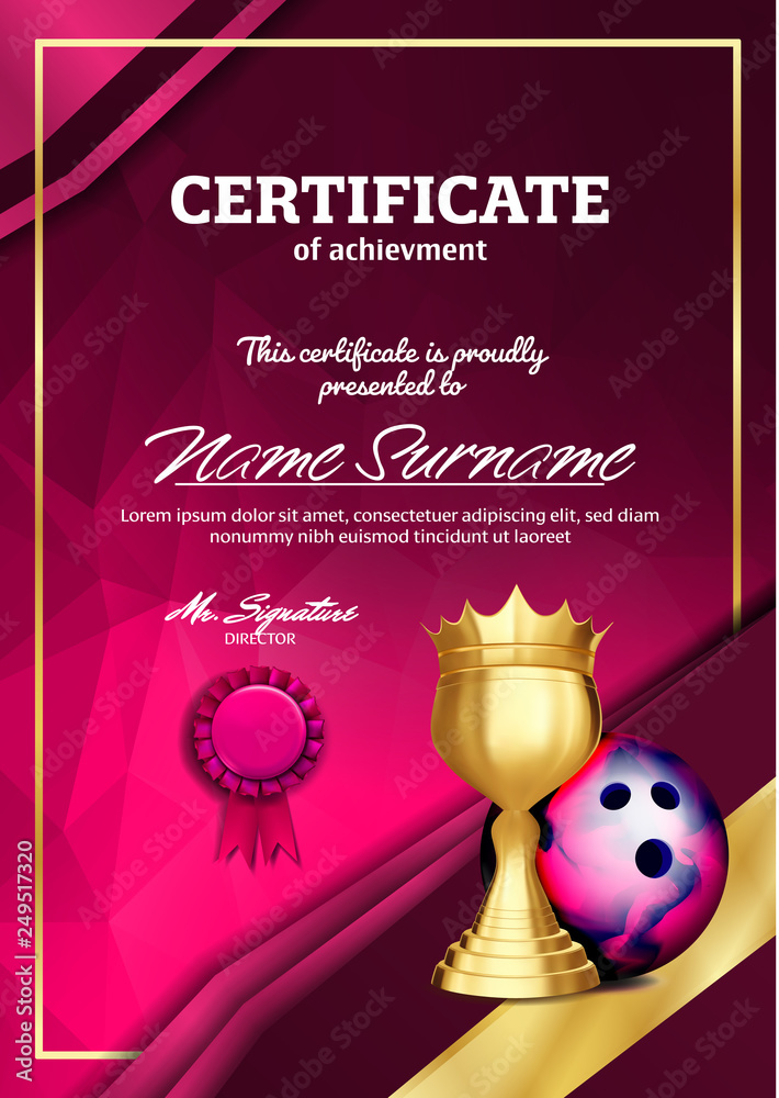 Bowling Certificate Diploma With Golden Cup Vector. Sport Award ...