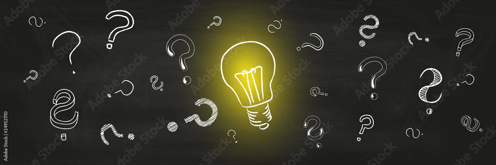 leuchtende Glühbirne zwischen vielen Fragezeichen Stock Vector | Adobe ...