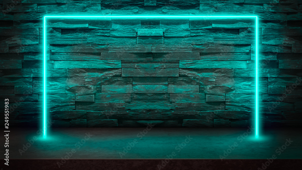 Empty dark stone table with pastel blue fluorescent neon laser lights ...