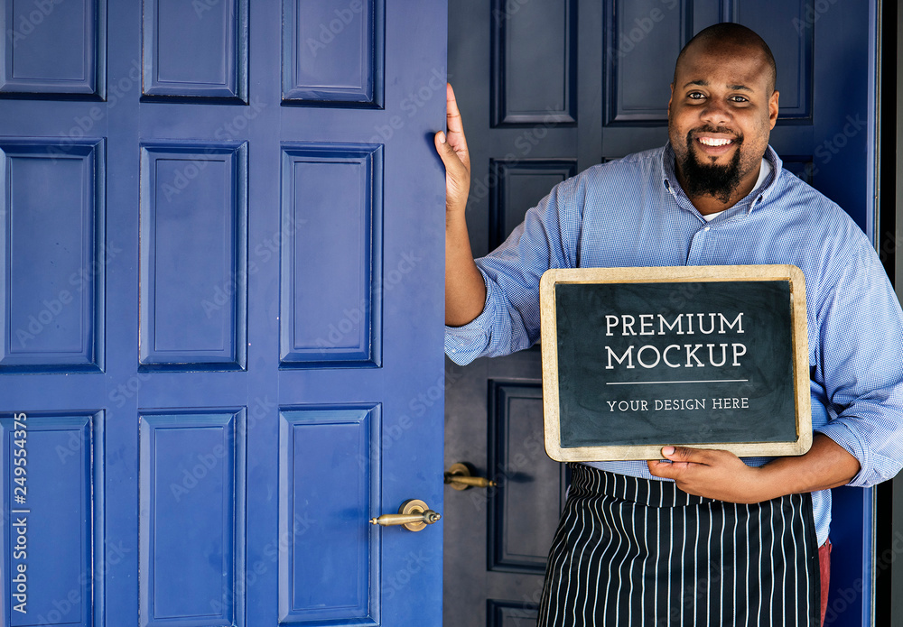 Shop Owner with Chalkboard Sign Mockup Stock Template | Adobe Stock