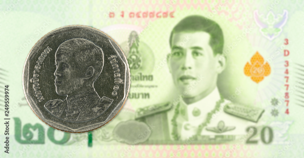 5 new thai baht coin against 20 new thai baht banknote Stock Photo ...