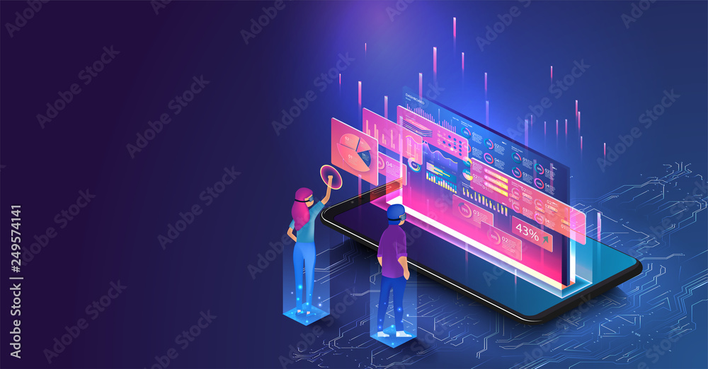 Isometric men and a woman wearing goggle headset with touching vr ...