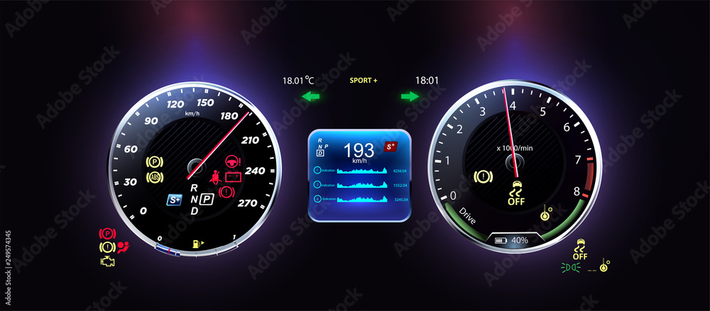 Car dashboard modern automobile control illuminated panel speed display ...