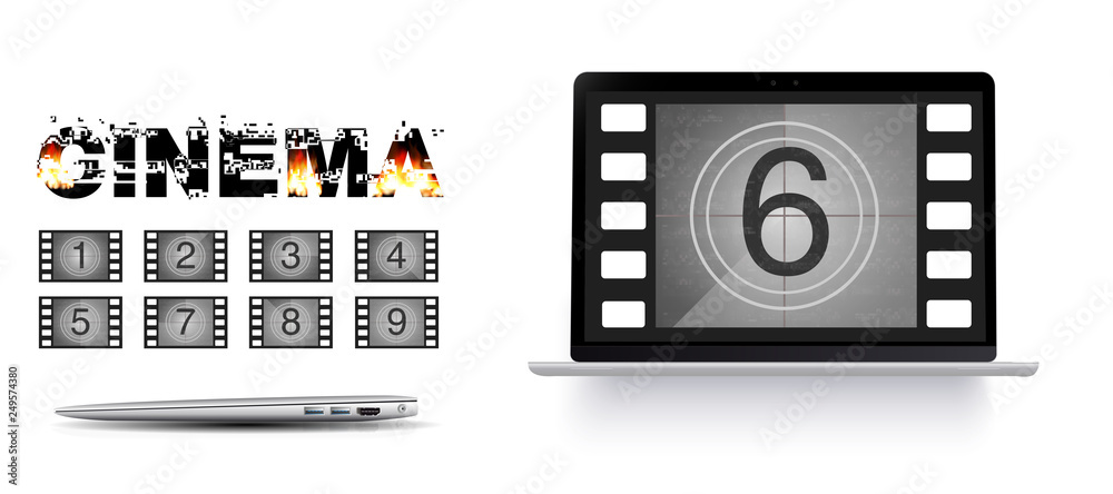 Movie countdown numbers on the laptop screen. Burning text cinema ...