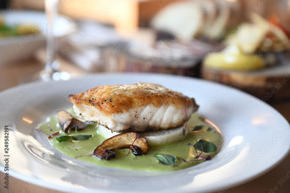 Pan seared trout fillet entree Stock Photo | Adobe Stock