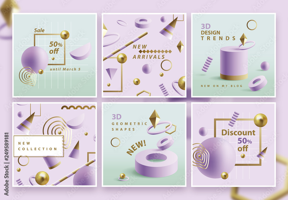 Square Social Media Post Layouts with Purple Geometric Shapes Stock ...