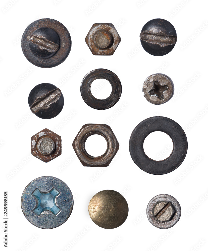 Sset of various old rusty metal rivet and screw heads with nuts Stock ...
