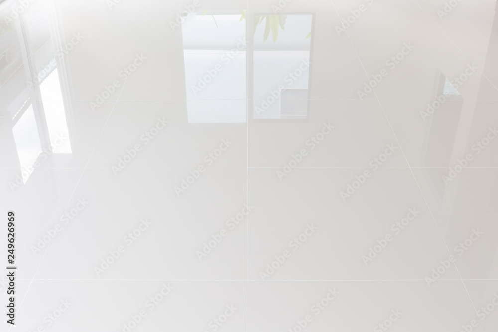 White tile floor background in perspective view. Clean, shiny, symmetry ...
